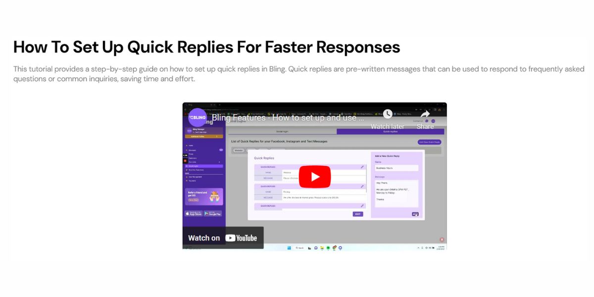 Bling | Setup Quick Replies & Reduce Response Time